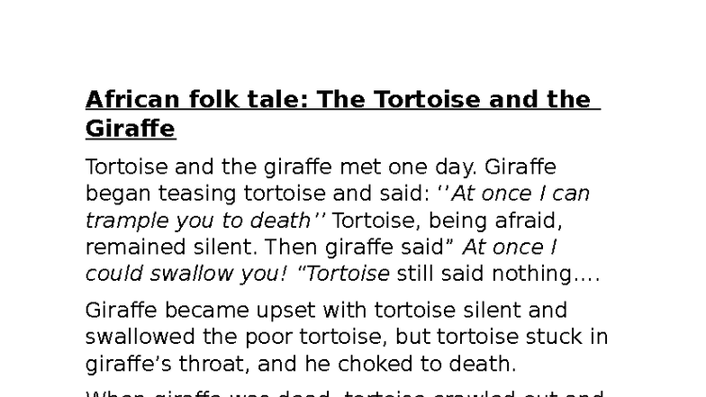 African Folk Tale: The Tortoise and the Giraffe - Education - Studocu