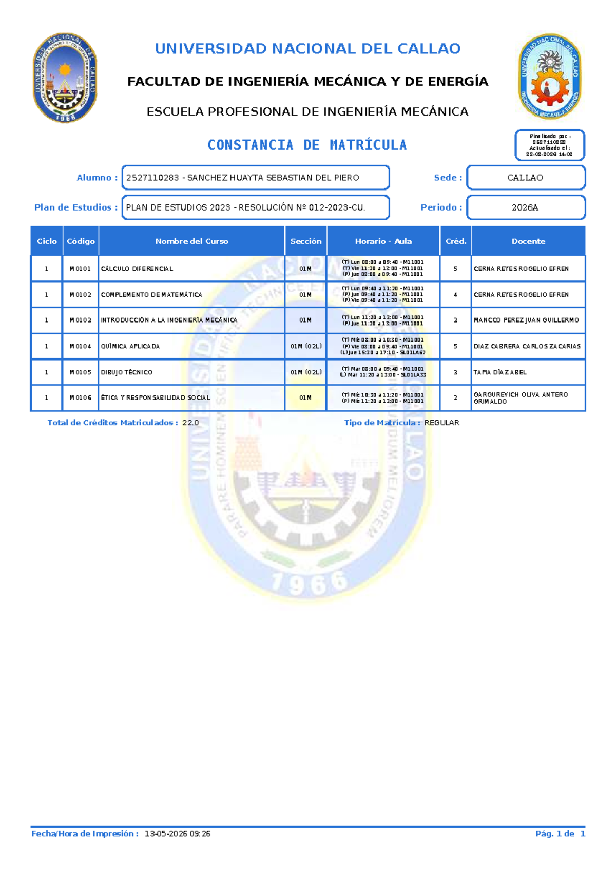 Constancia de Matrícula 2023 - Ingeniería Mecánica M0101-M0106 - Studocu