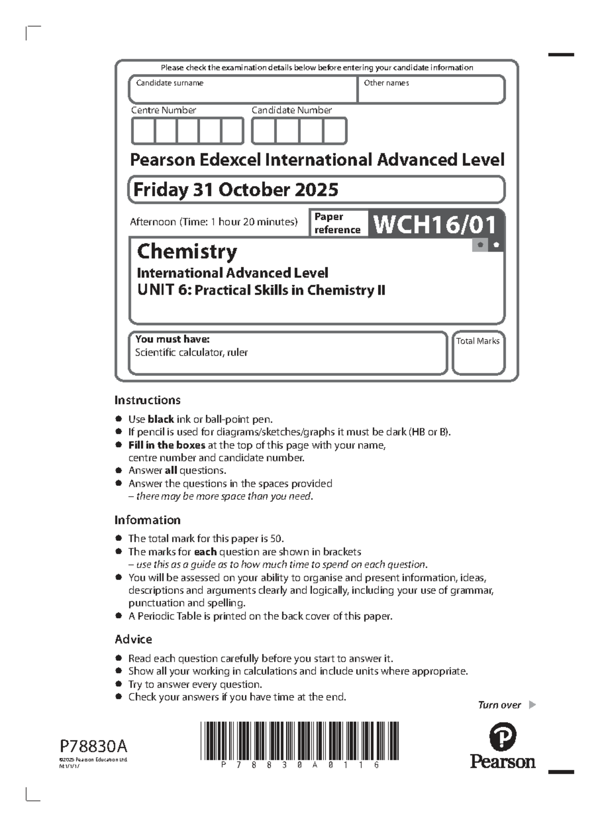 IAL Chemistry 2025 Oct Unit 6 Practical Skills Exam Paper - Studocu