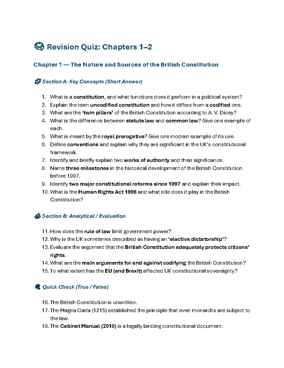 UK Politics Quiz: Chapters 1 & 2 - Key Concepts & Analysis - Studocu