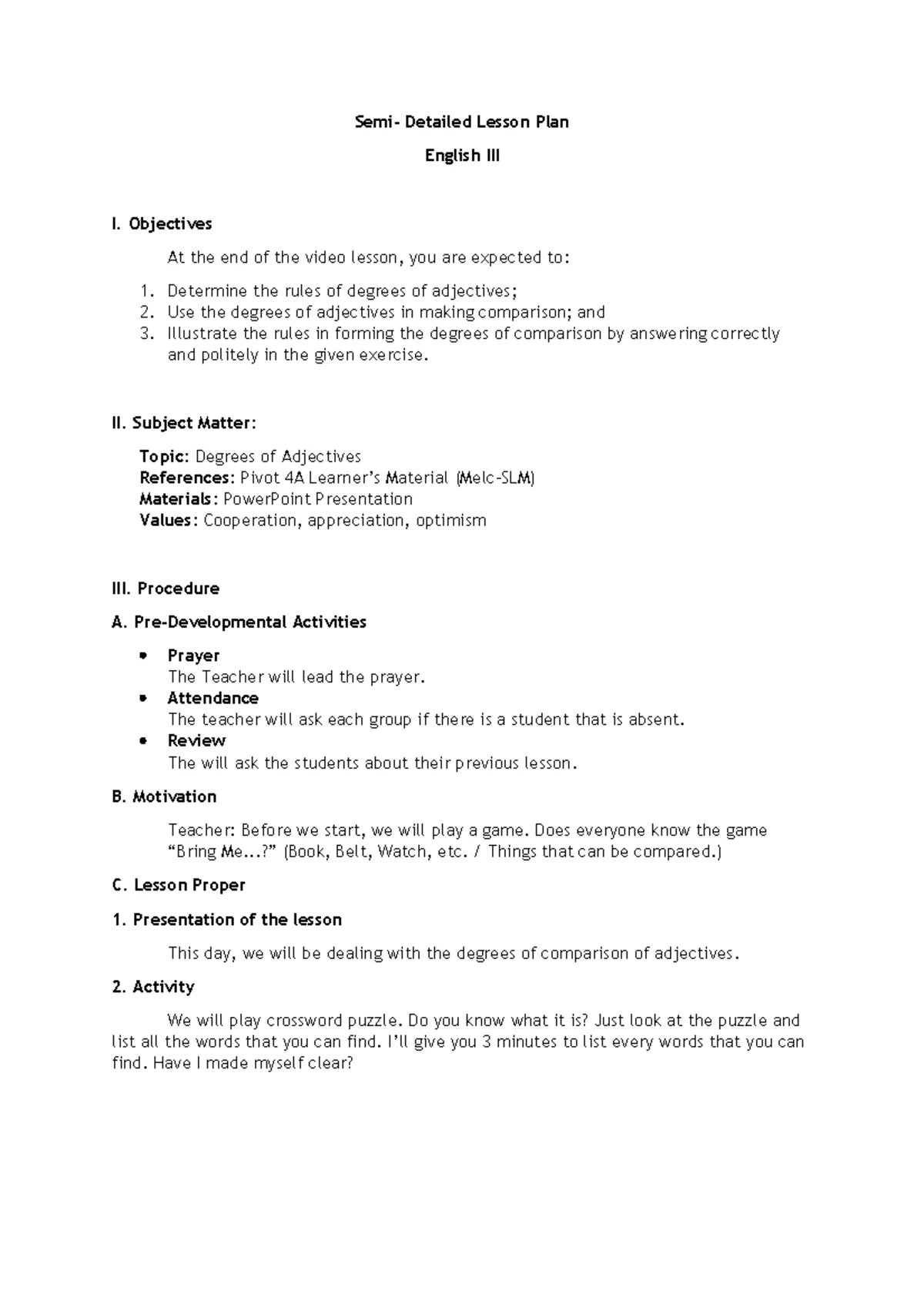 Semi-Detailed Lesson Plan: Cause and Effect in English 3 - Studocu