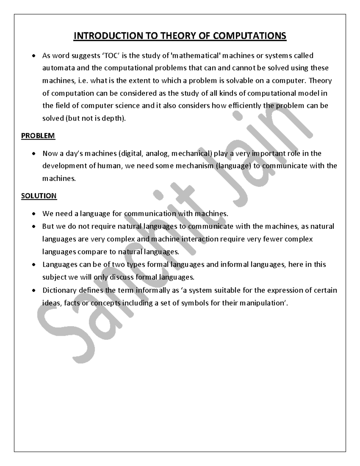 Theory Of Computation Gate Lecture Notes By Sanchit Jain Introduction To Theory Of