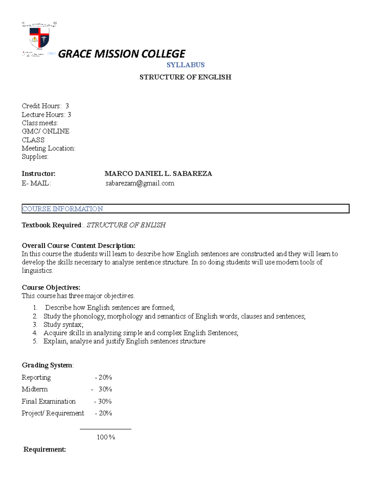 Syllabus: Structure of English (ENG 101) - Course Overview and ...