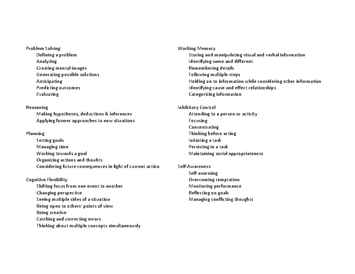 Executive Function - Problem Solving Working Memory Defining a problem ...