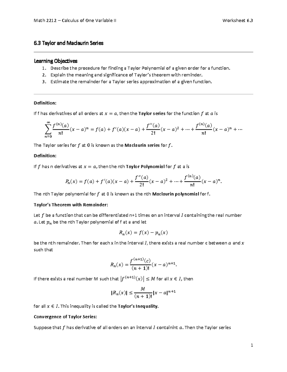 Worksheet - Sec 6.3: Taylor & Maclaurin Series Overview - Studocu