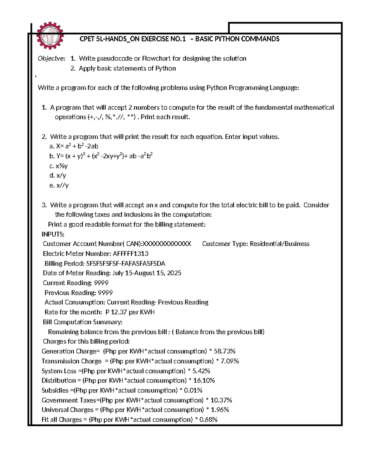 CPET 5L HANDS-ON EXERCISE 1: BASIC PYTHON COMMANDS - Studocu