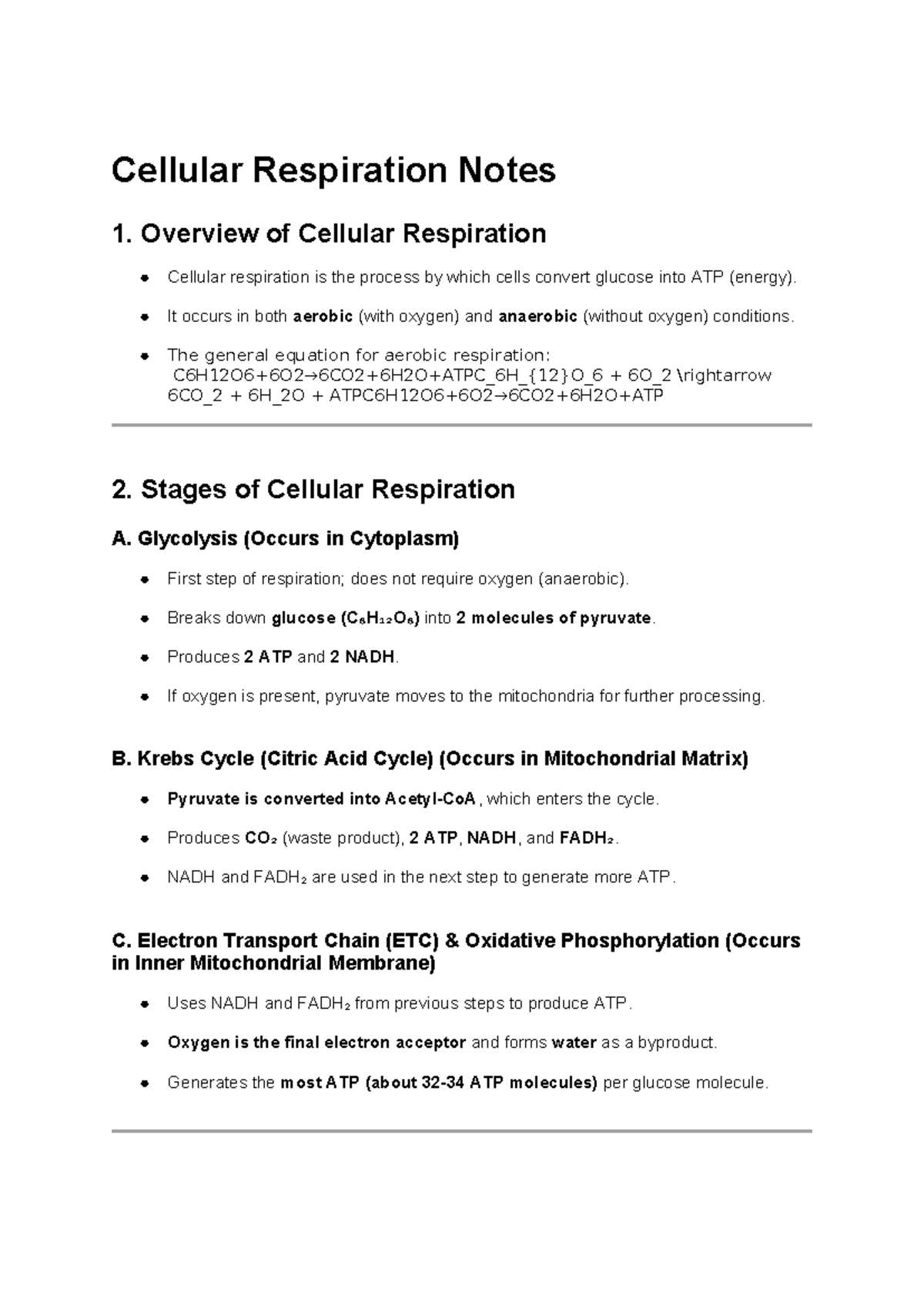 Cellular Respiration Notes - Overview of Cellular Respiration Cellular ...