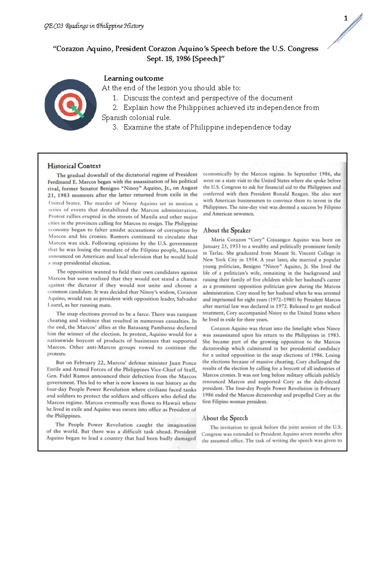 Speech-C.-Aquino-first-mass-First-cry-cavite-mutiny - GEC03 Readings in ...