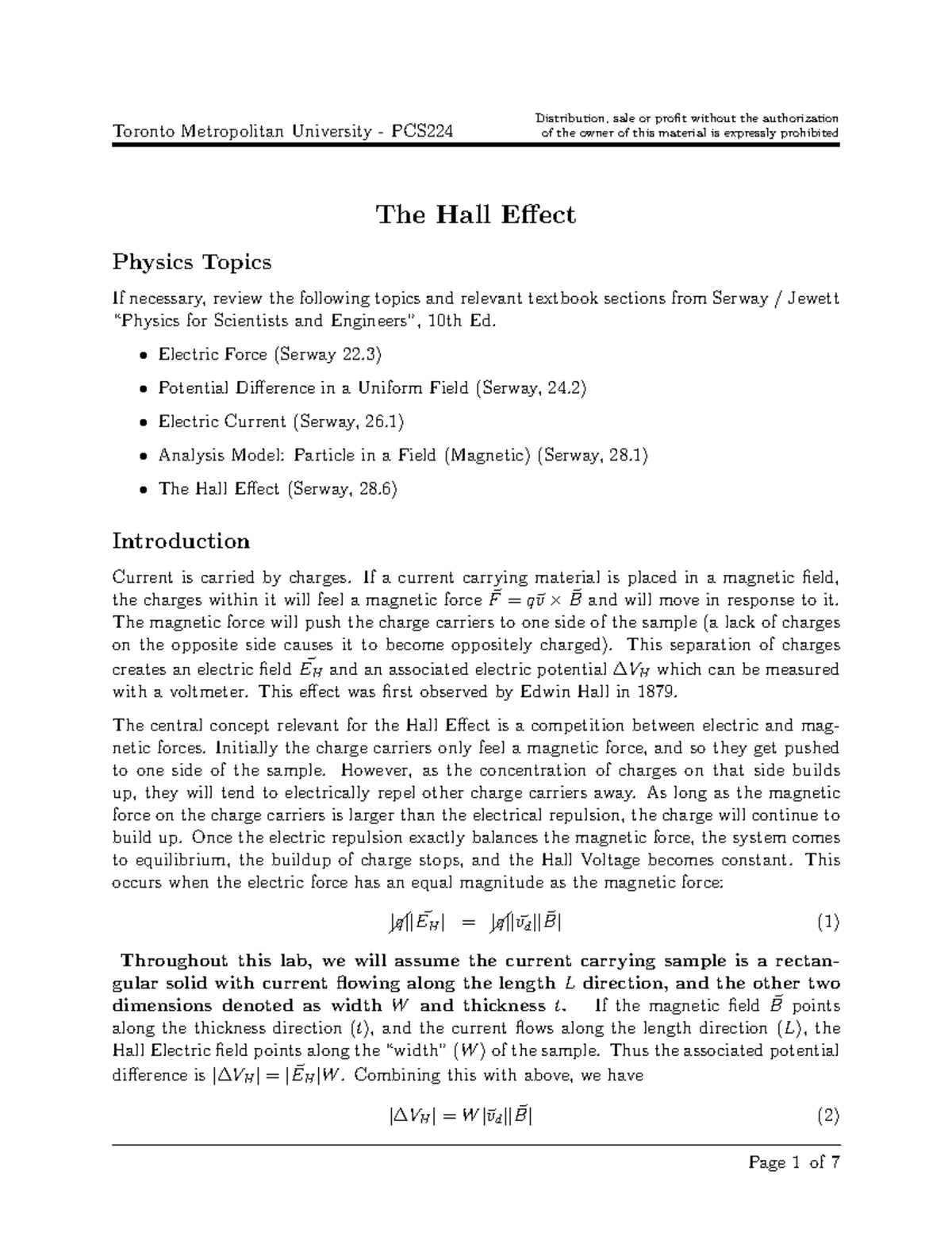 Lab 2 - Hall Effect - PCS224 Lecture Notes and Key Concepts - Studocu