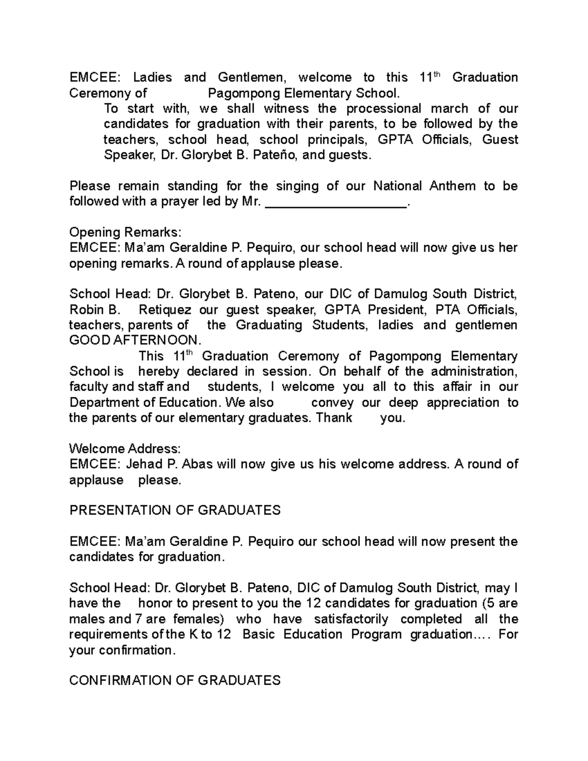 Emcee Script FOR Graduation - EMCEE: Ladies and Gentlemen, welcome to ...