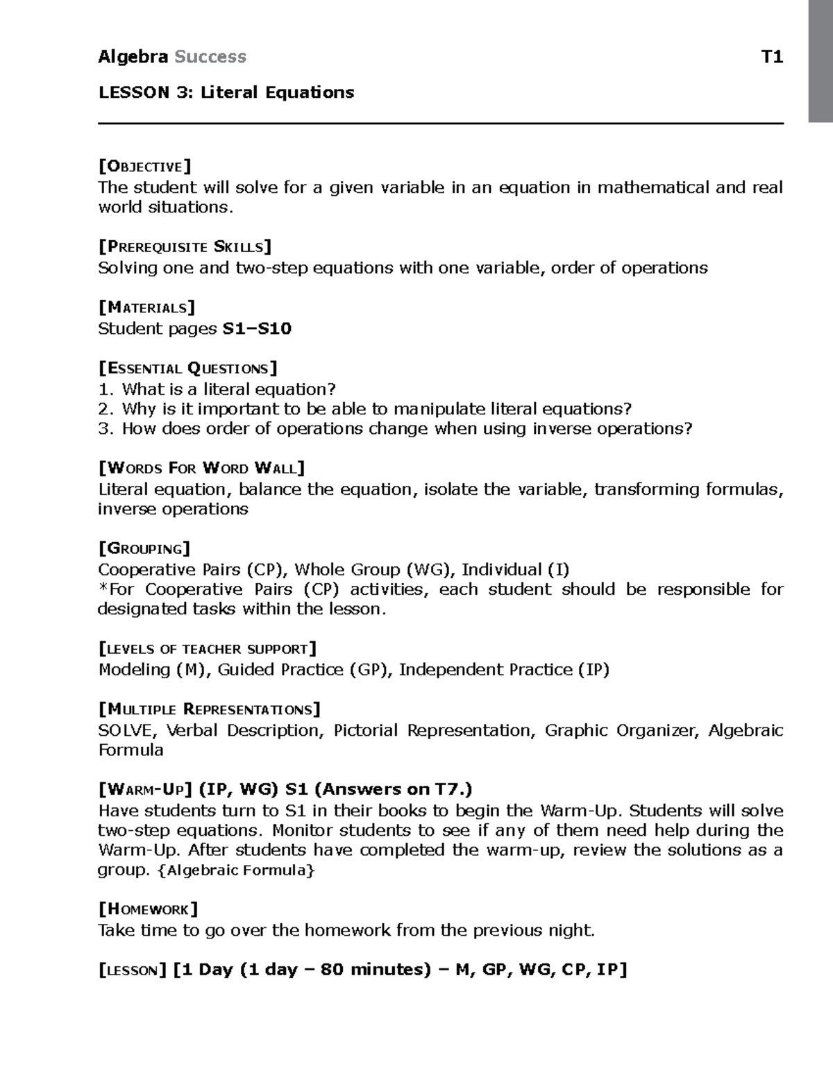 Algebra Success T1 LESSON 3: Understanding Literal Equations - Studocu