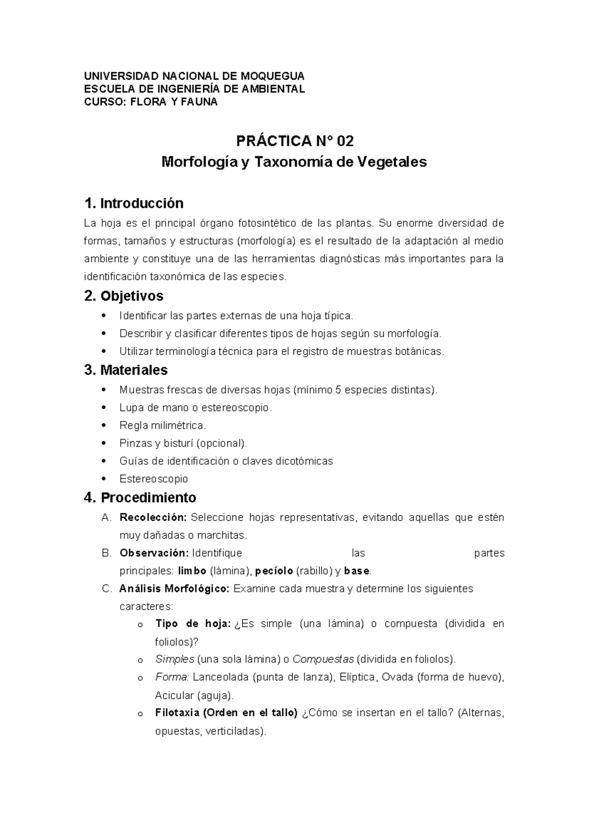 Práctica 02: Morfología y Taxonomía de Vegetales - Flora y Fauna - Studocu