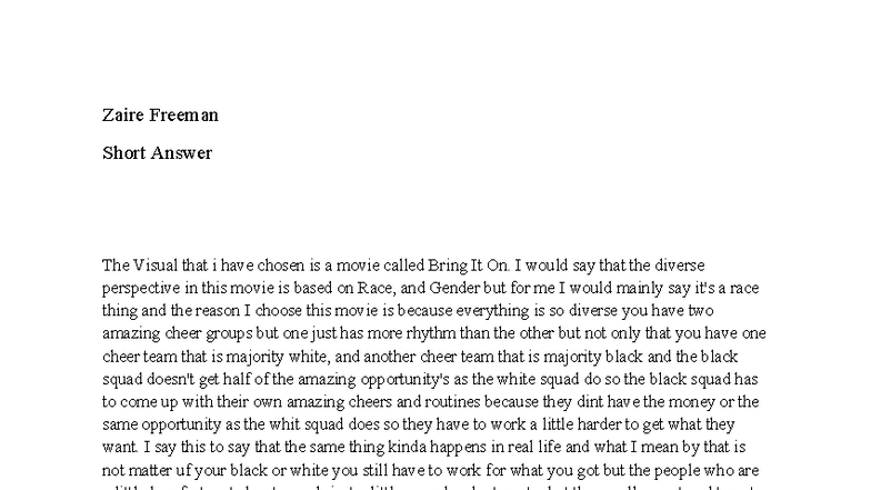 Document 10 - Short Answer Response on Race and Gender in "Bring It On ...