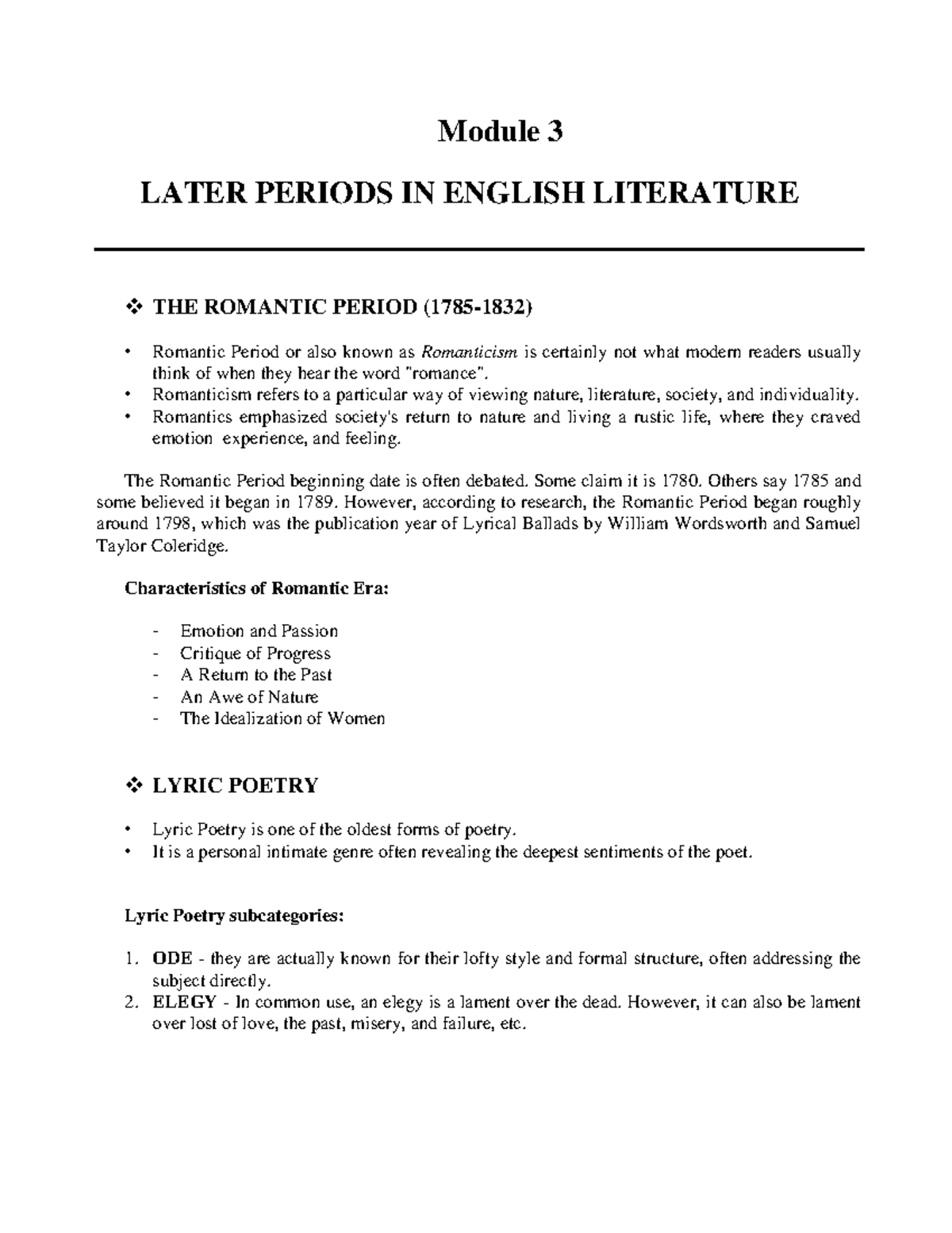 LATER PERIODS IN ENGLISH LITERATURE: ROMANTIC TO CONTEMPORARY EPOCHS ...