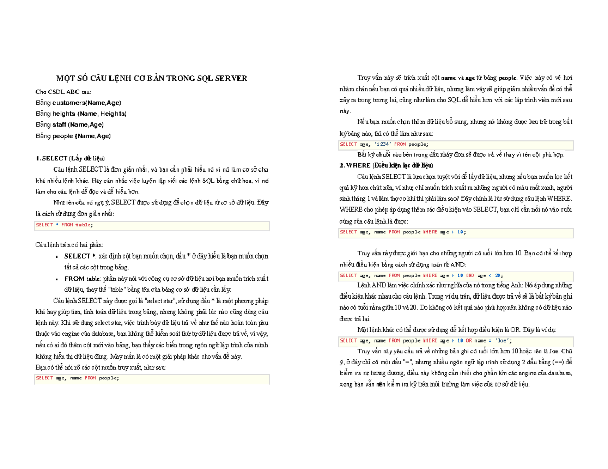 Lệnh SQL Cơ Bản - Đề Cương Ôn Tập CSDL ABC - Studocu