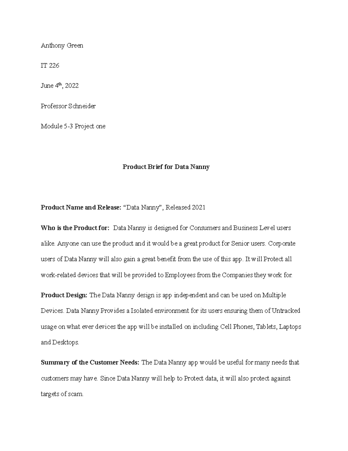 IT 226 Mod 5-3 Project 1: Data Nanny Product Overview and Benefits ...