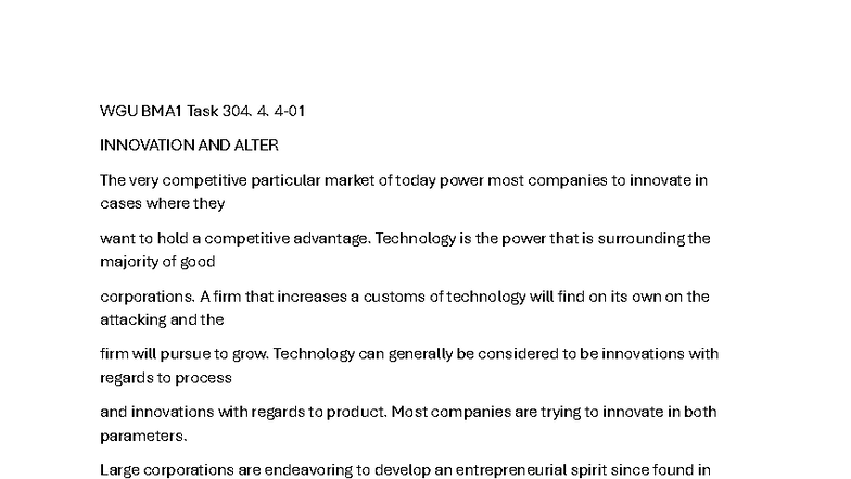 WGU BMA1 Task 304 - Innovation and Competitive Advantage Analysis - Studocu