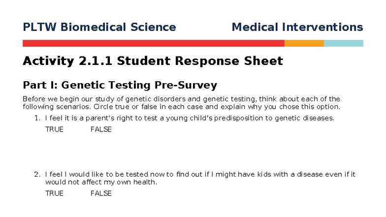 PLTW Biomedical Science MI 211A Genetic Testing Activity Response Sheet ...