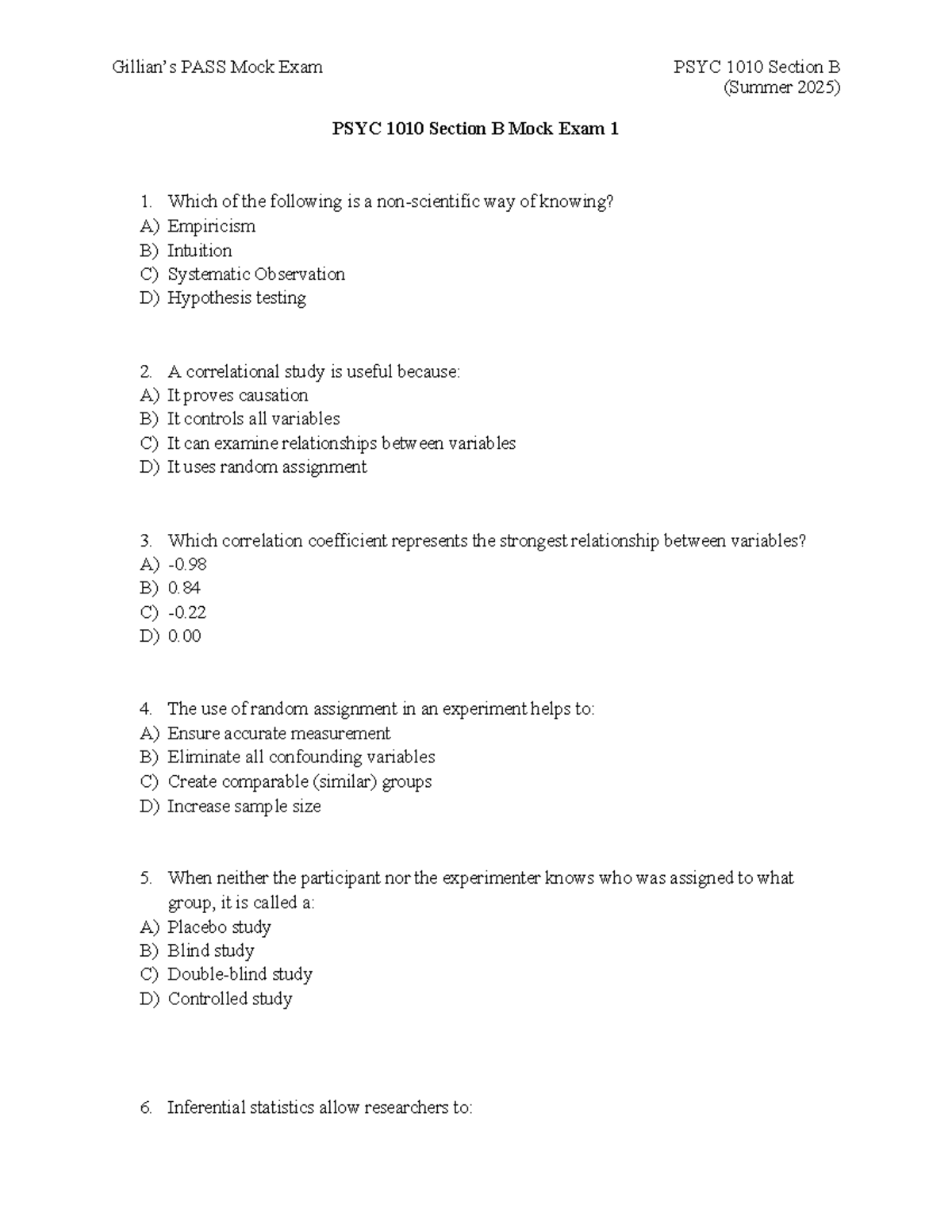Gillian's Mock Exam 1 PSYC 1010 Section B (Summer 2025) - Studocu