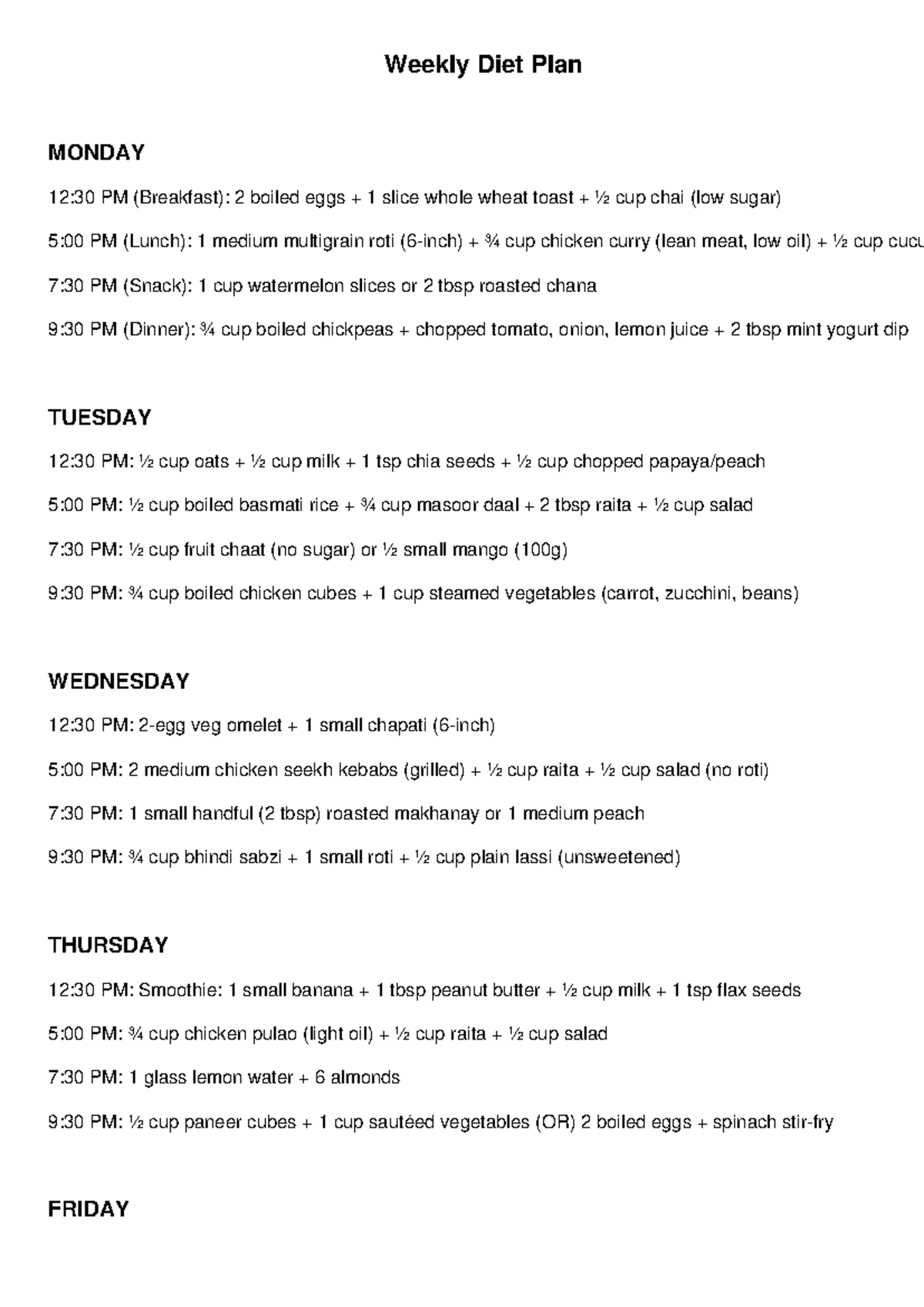 Weekly Diet Plan: Healthy Meals for Each Day - Studocu