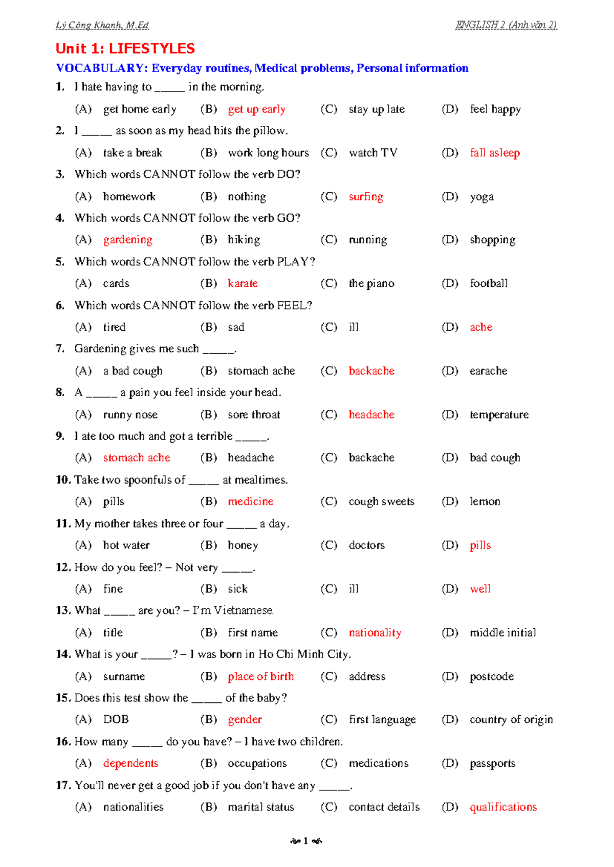 ENGLISH 2 (Anh văn 2) - Vocabulary & Grammar Exercises Answers - Studocu