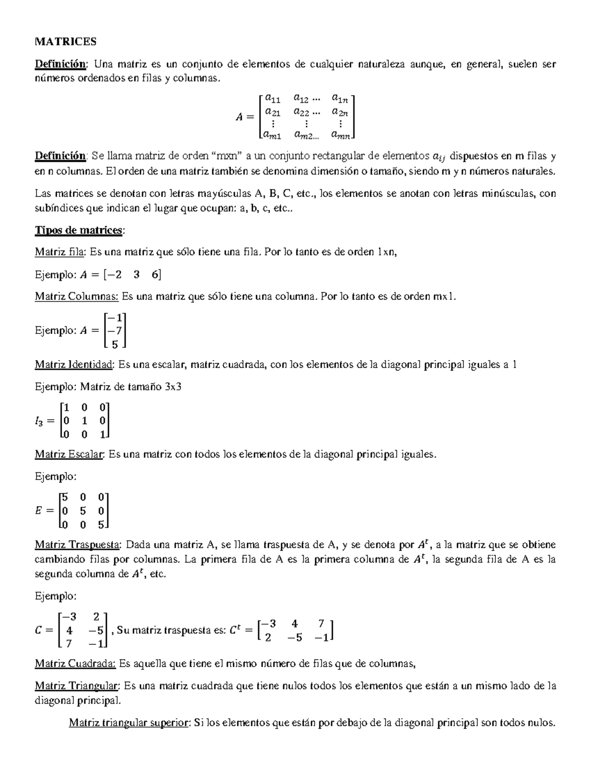 MATRICES: Definición, Tipos y Operaciones - Cálculo 3 - Studocu