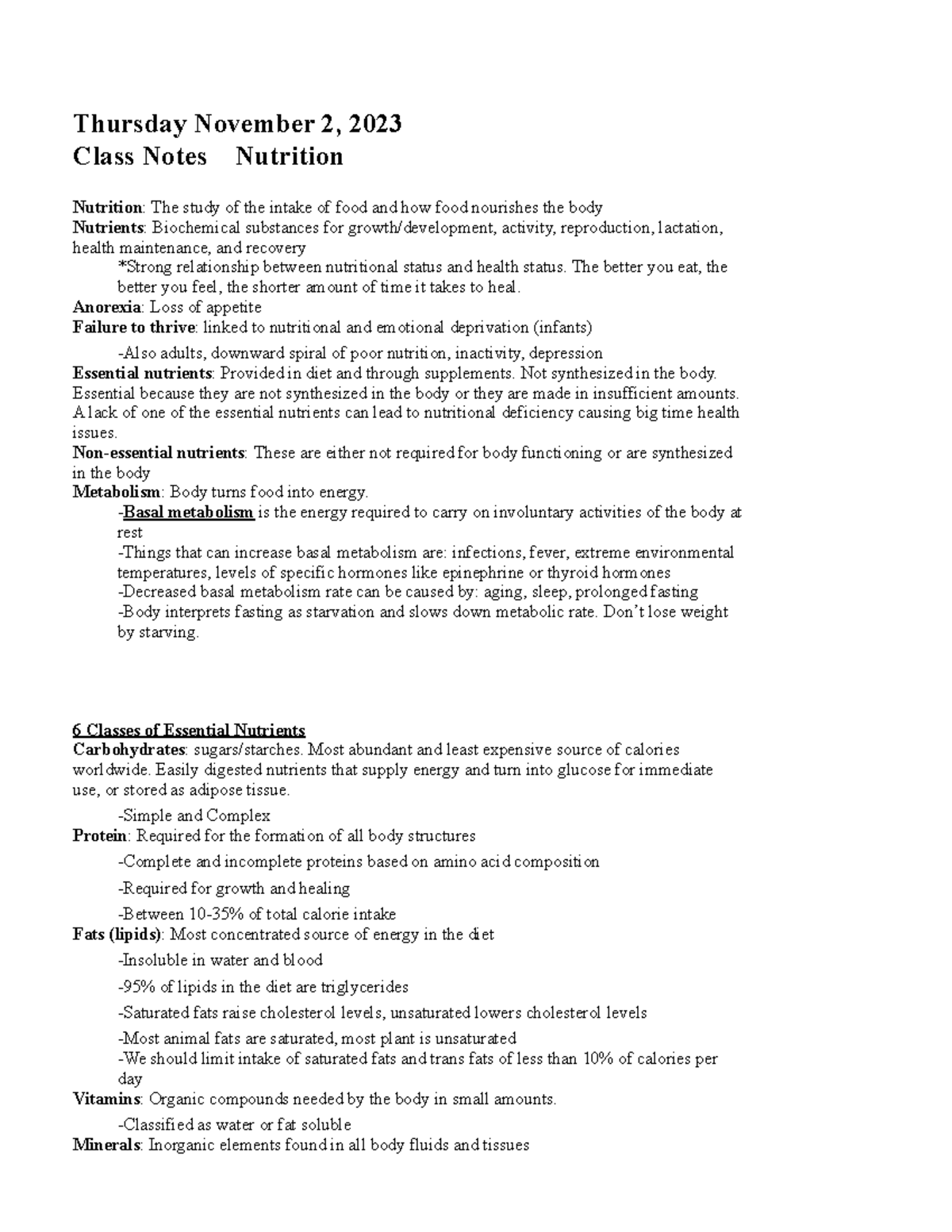 Nutrition Class Notes Summary for Test 4 - NUS 2023 - Studocu