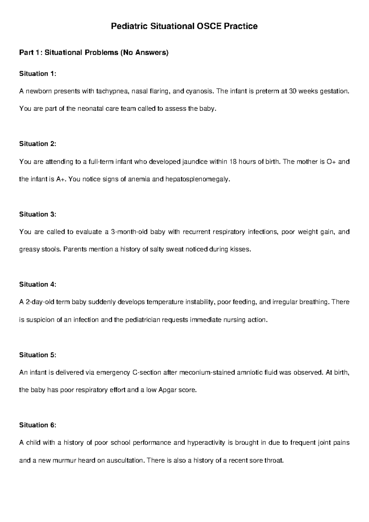 Pediatric OSCE Situational Practice Part 1: Clinical Scenarios - Studocu