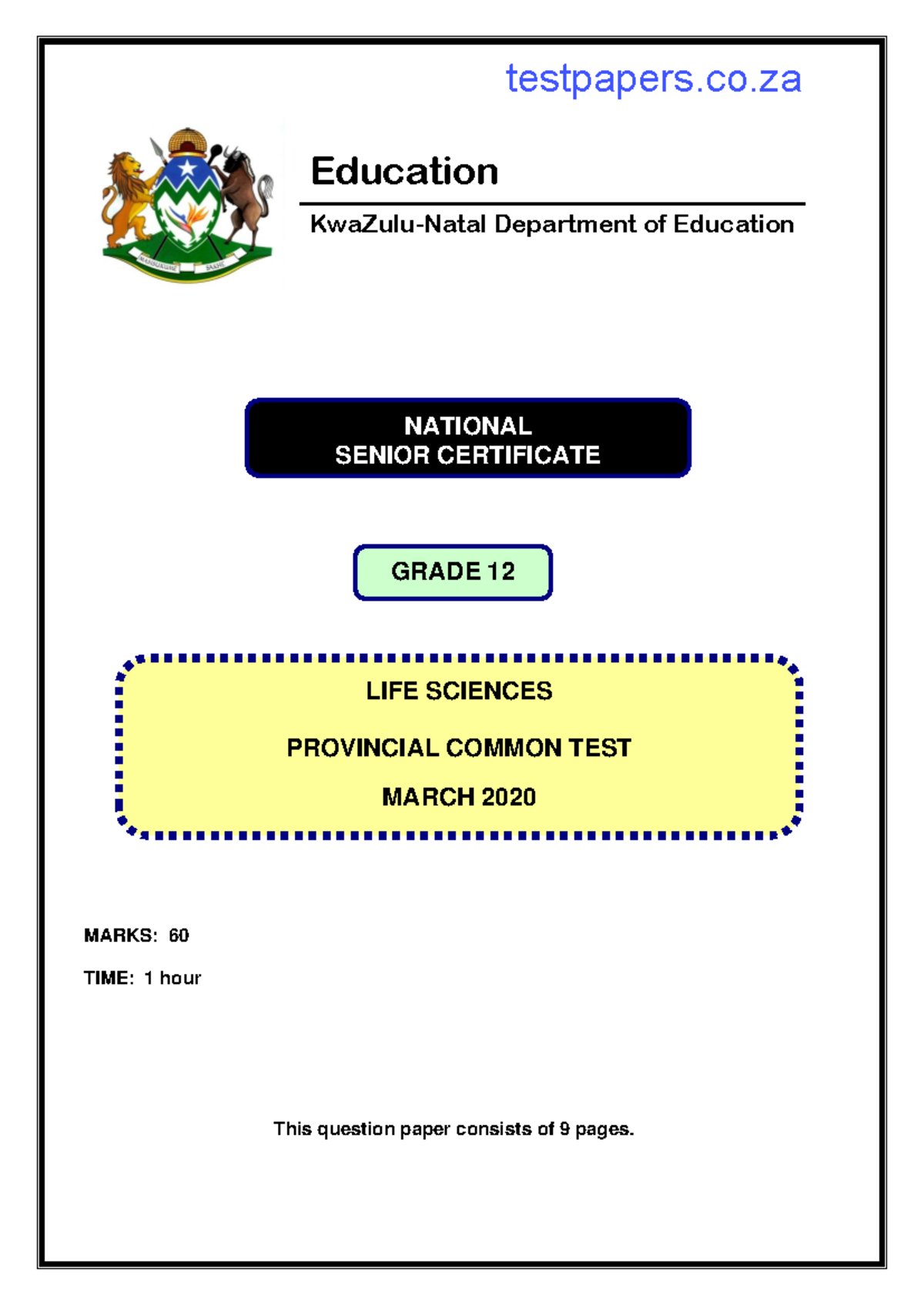 LIFE.SC-March-2020-Grade-12-Provincial-Common-Test-QP - Studocu