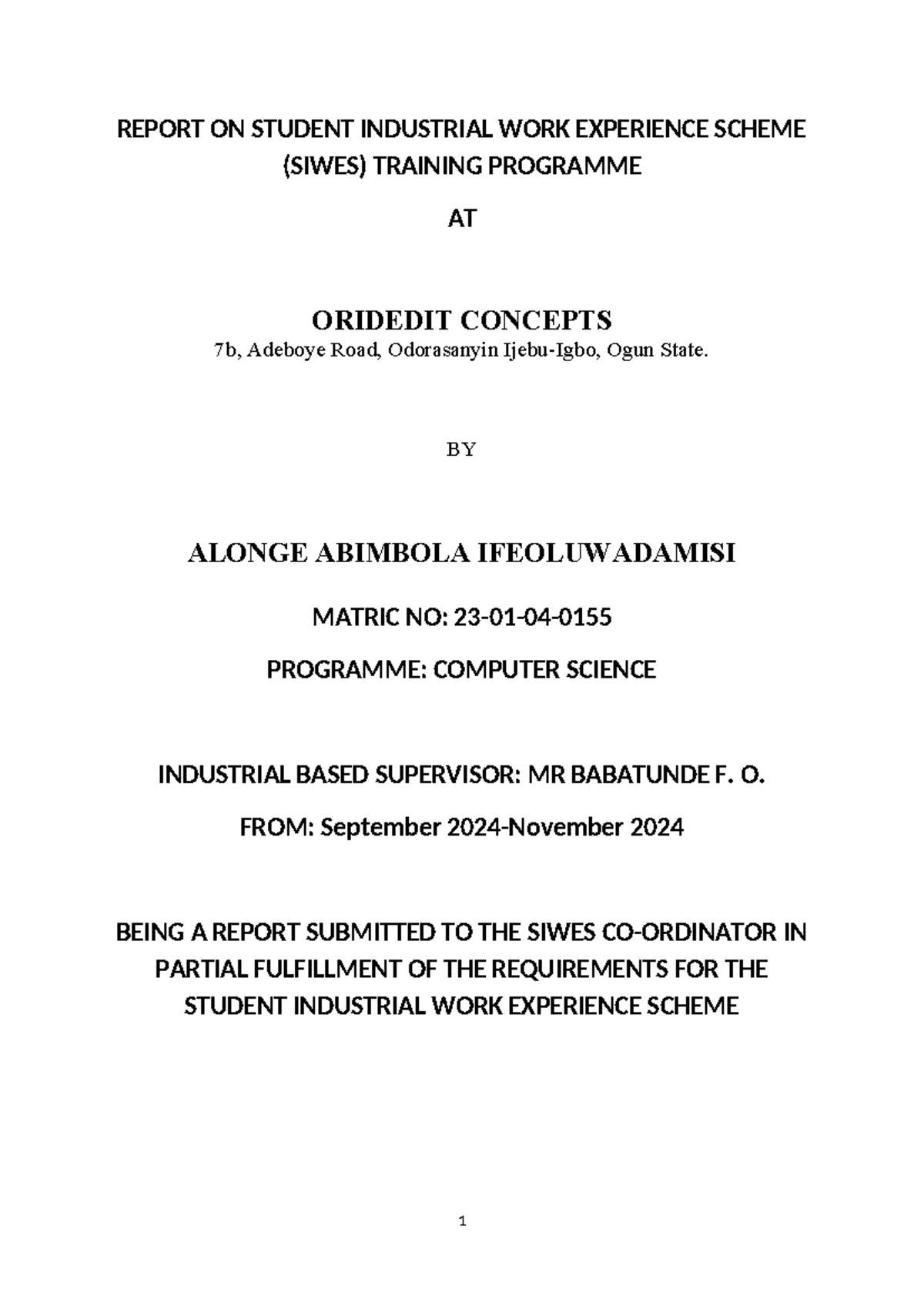 Oridedit Concepts Computer Science - REPORT ON STUDENT INDUSTRIAL WORK ...