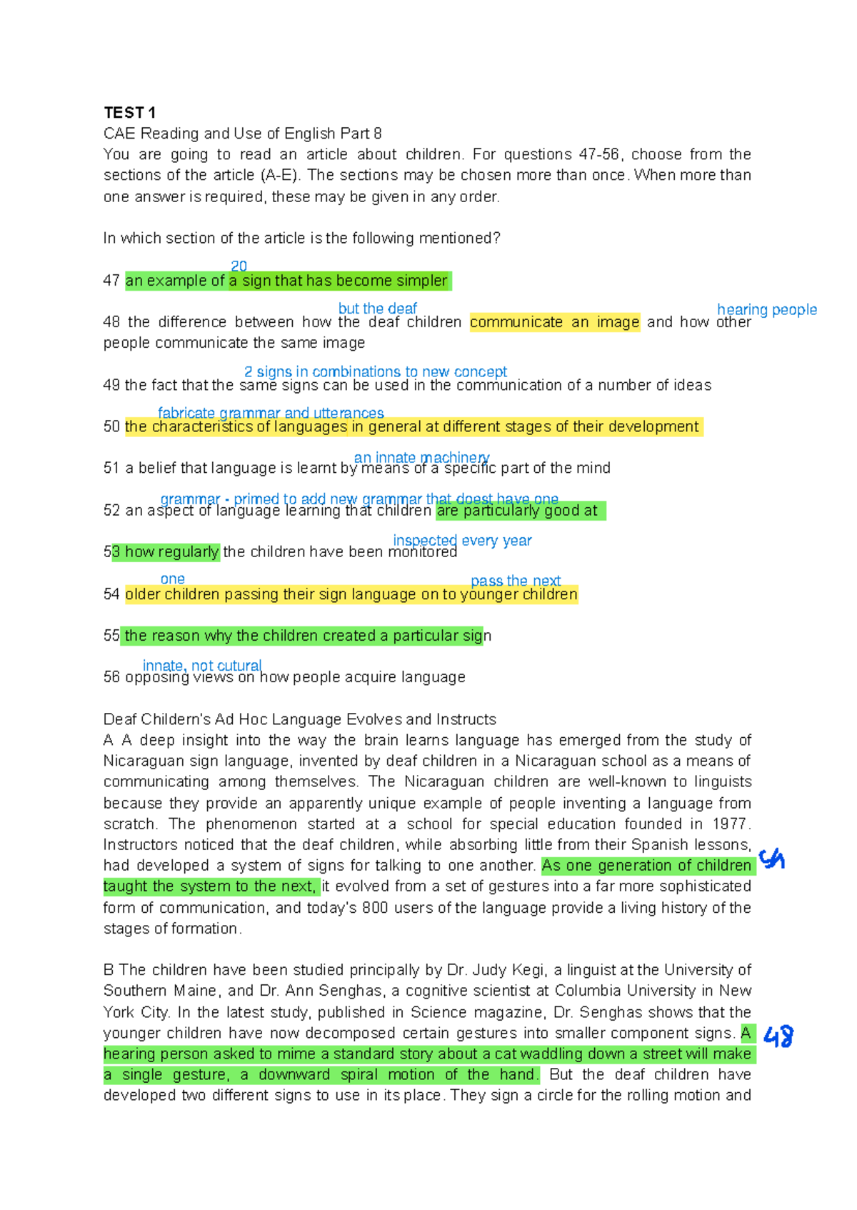 C1 Reading Test 1: CAE Reading and Use of English Part 8 - Studocu