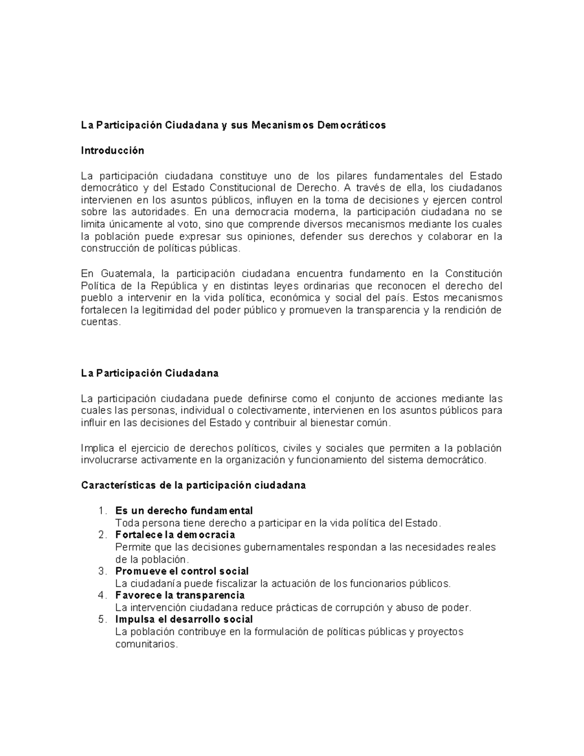 La Participación Ciudadana y Mecanismos Democráticos en Guatemala - Studocu
