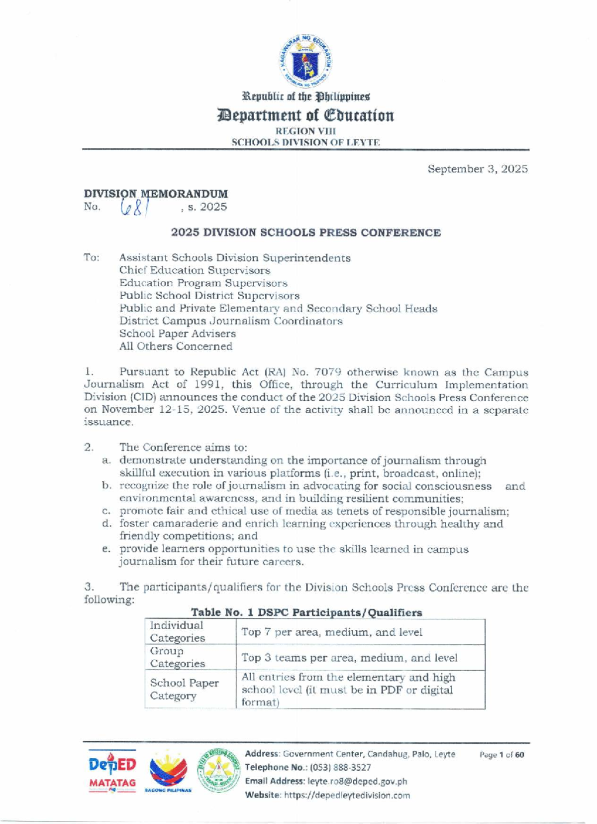 DSPC 2025 Guidelines: Division Schools Press Conference Memo - Studocu