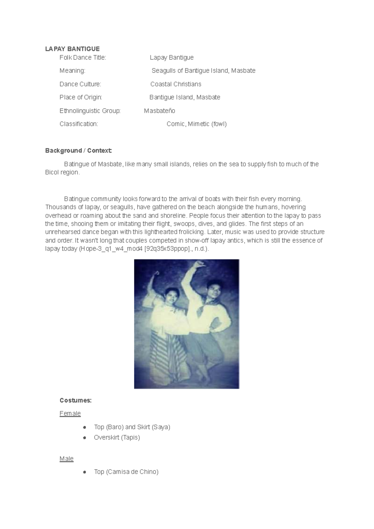 Lapay Dance of Bantigue Island: Cultural Insights and Origins - Studocu