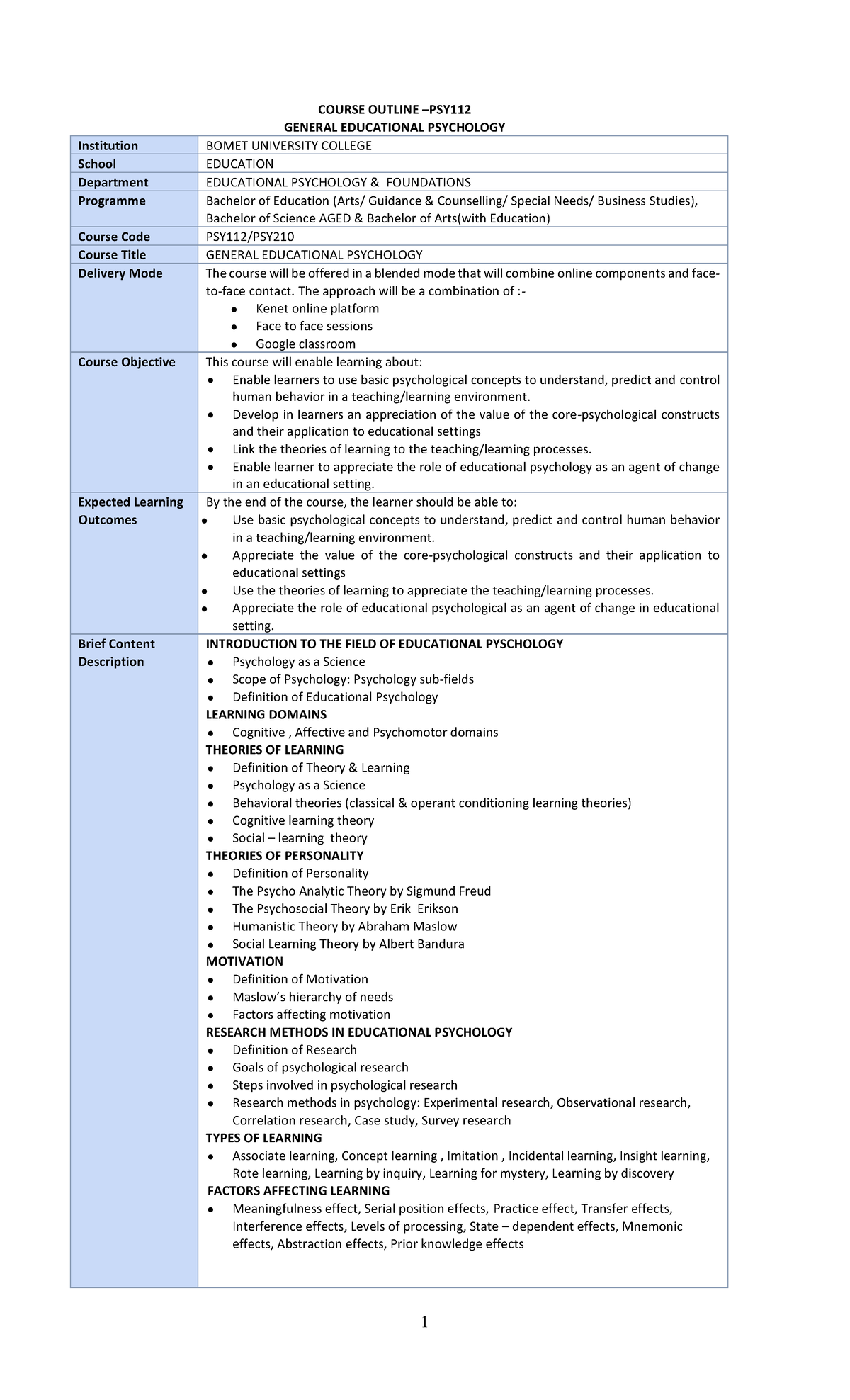 PSY112 Course Outline: General Educational Psychology Overview 2025 ...