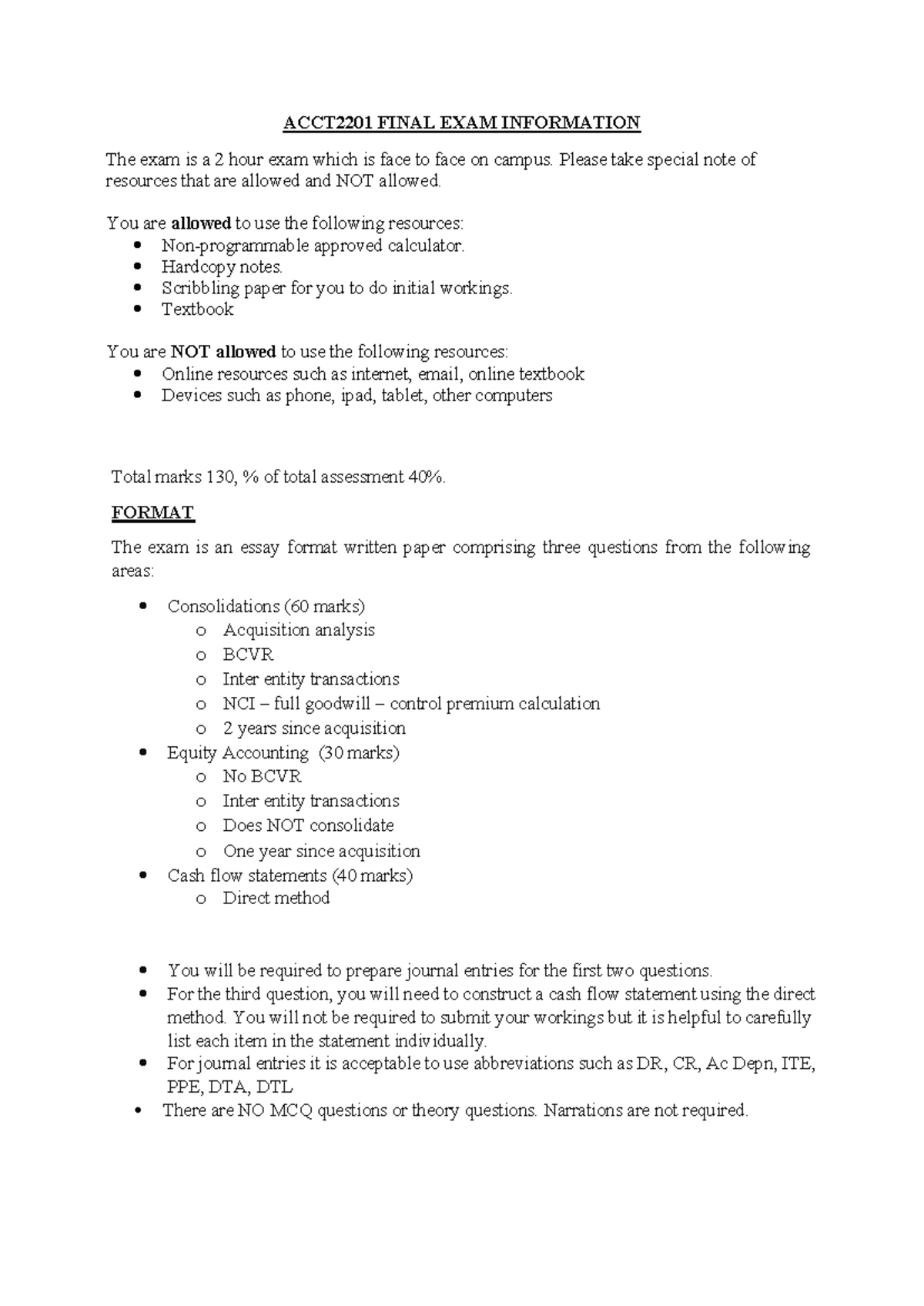ACCT2201 Final Exam Information - Studocu
