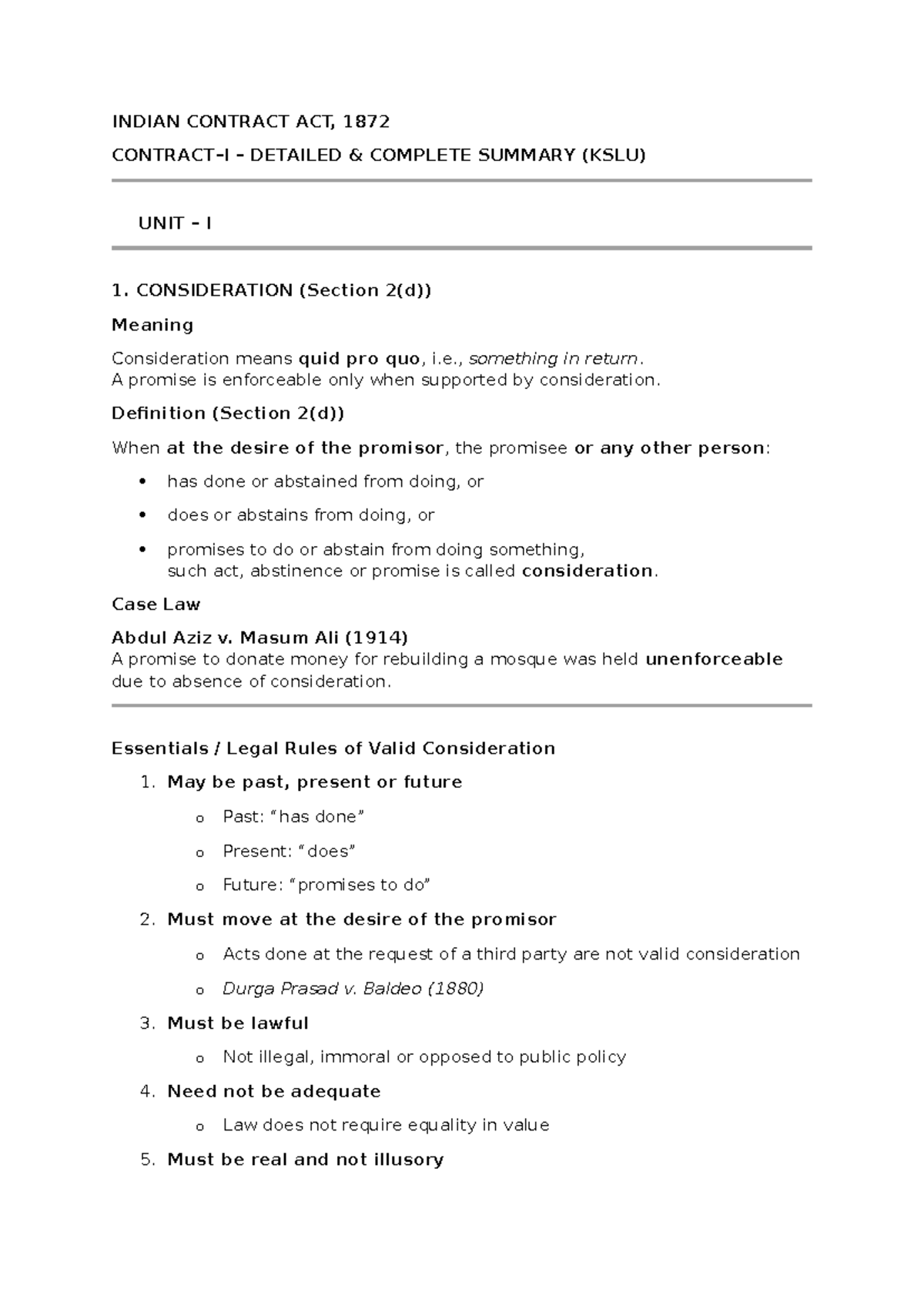 INDIAN CONTRACT ACT, 1872: UNIT I & II SUMMARY (KSLU) - Studocu