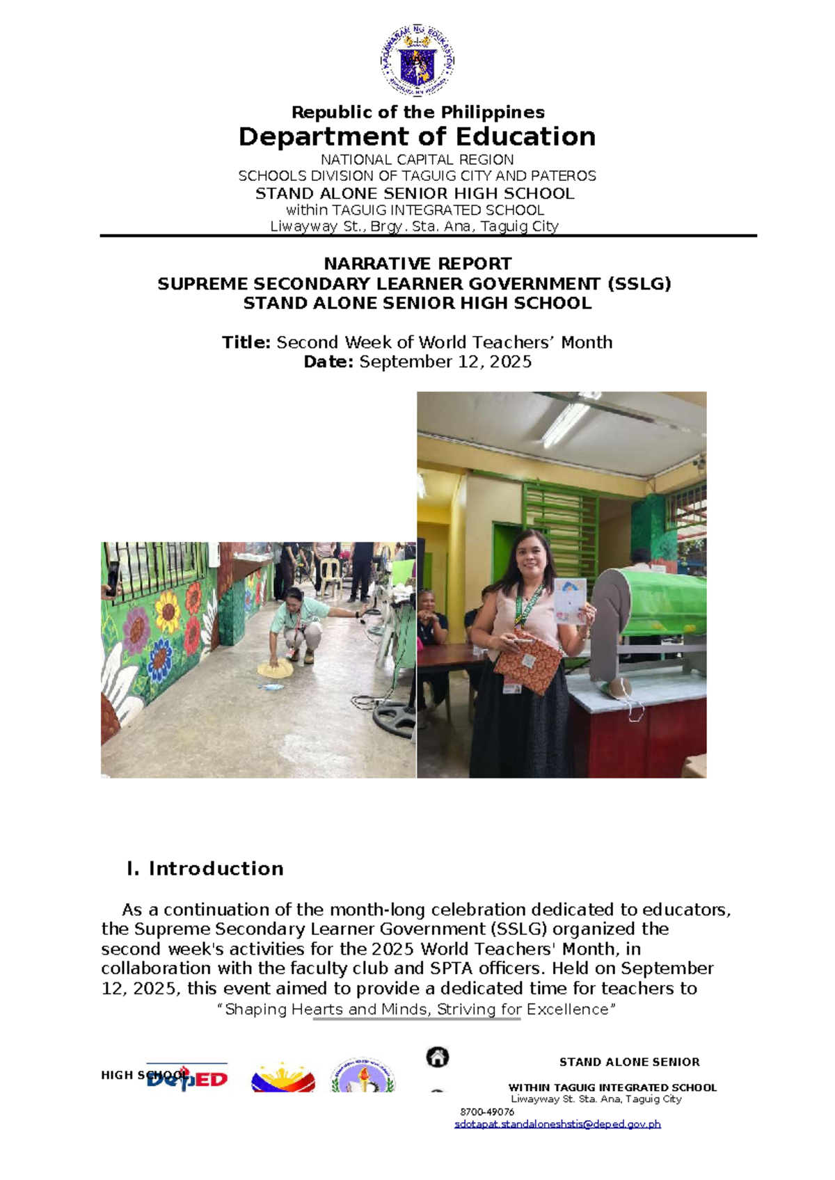SSLG Narrative Report: Second Week of Teachers Month 2025 - Studocu