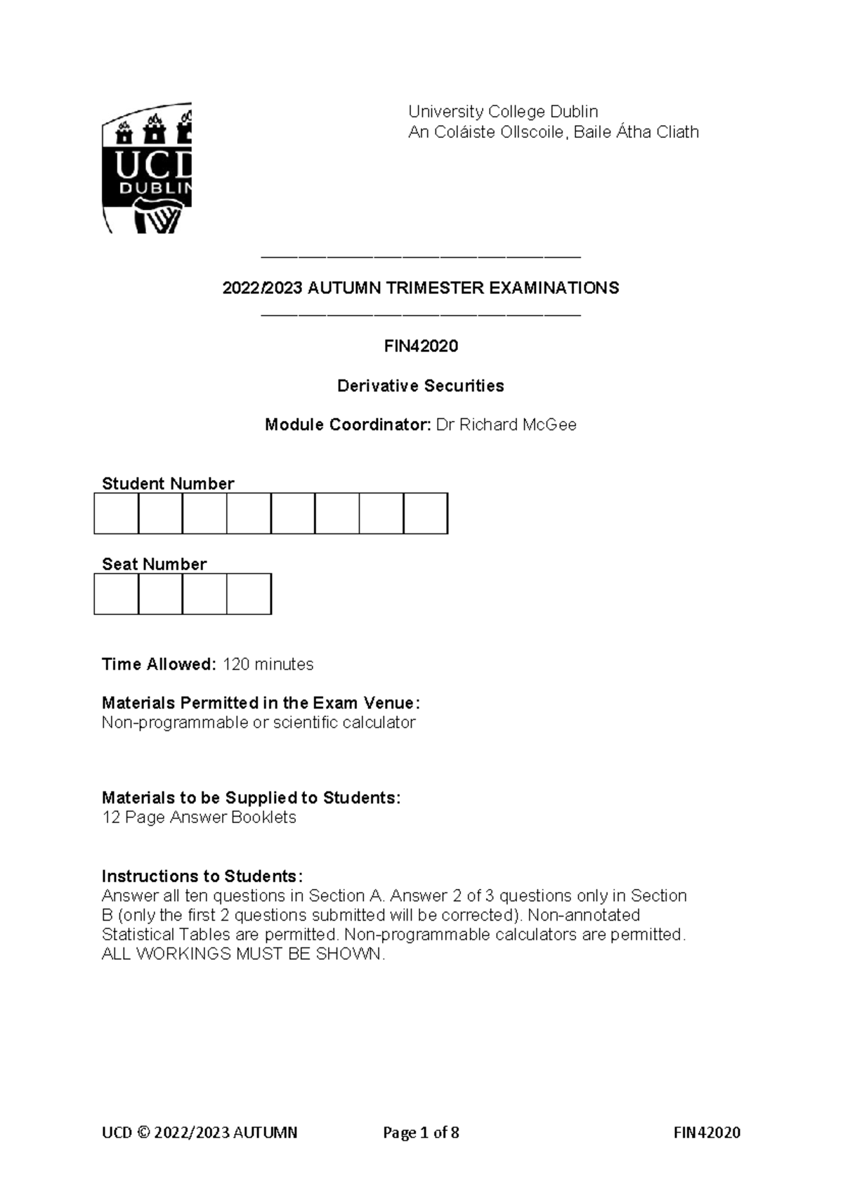 Exam1-combined - past paper - UCD © 2022/2023 AUTUMN Page 1 of 8 FIN ...