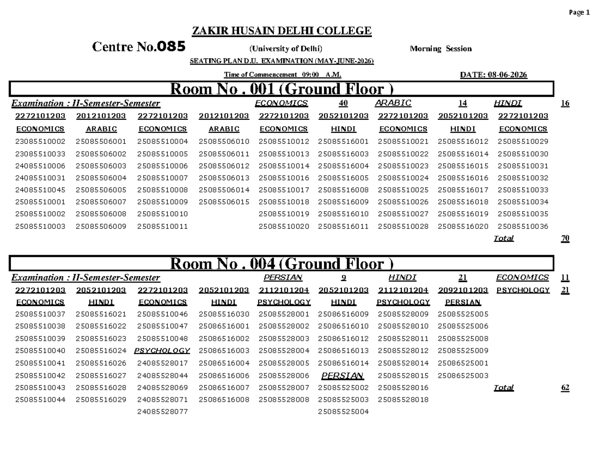 Seating Plan for D.U. Examination - Centre No.085 - Studocu