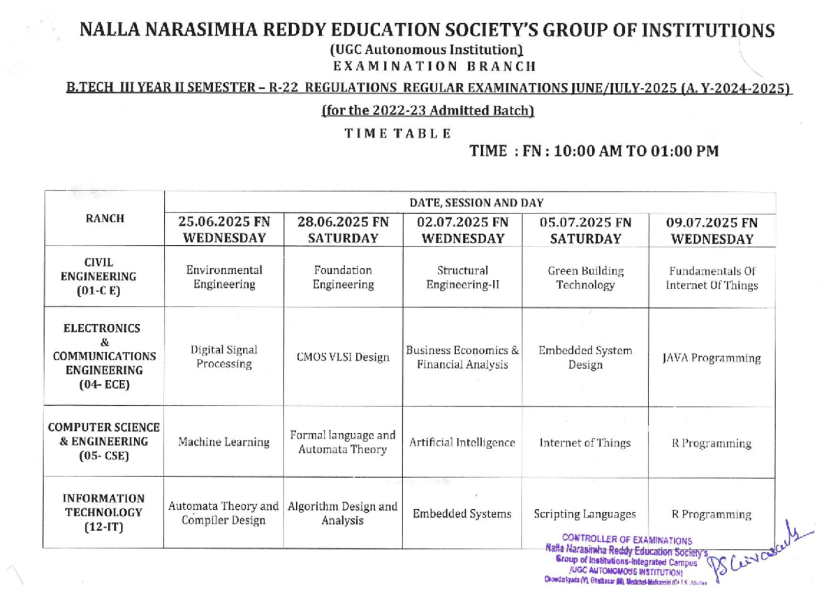B.Tech III Year II Sem R22 Regular Exam Timetable June 2025 - Studocu