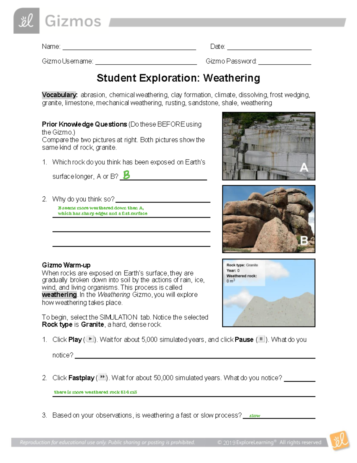 Weathering Gizmo 2020 - high school level - Name ...