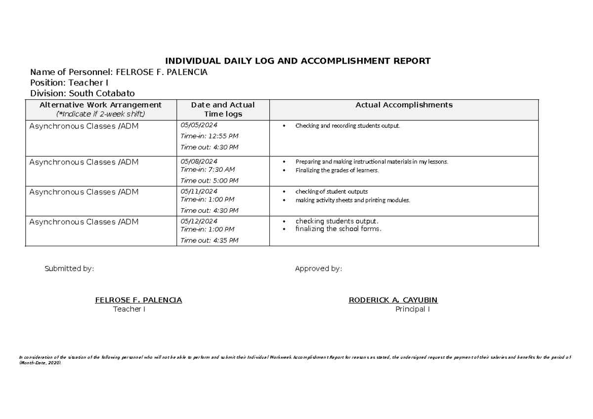 Individual Daily LOG AND Accomplishment Reportidlar February ...