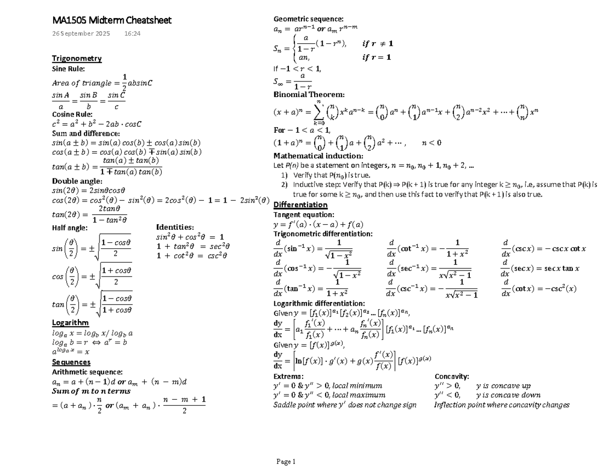 MA1505 Midterm Cheatsheet: Trigonometry & Sequences Overview - Studocu