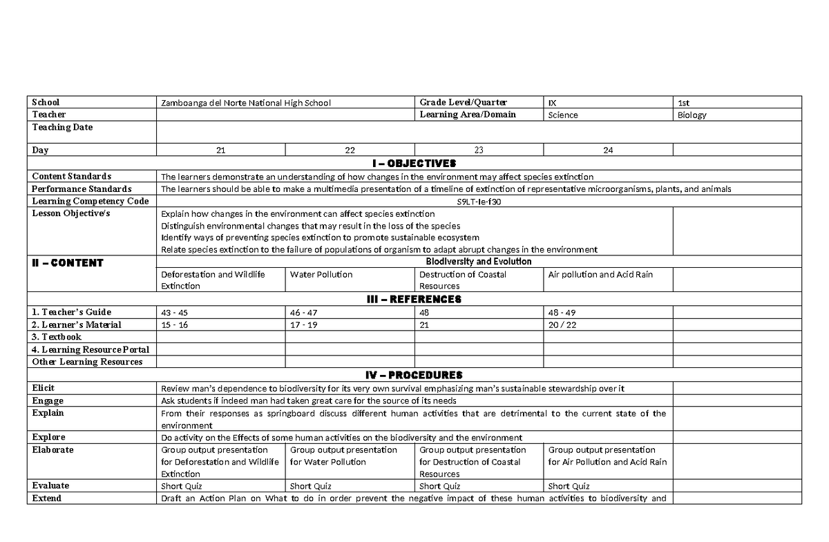 DLL9w8 - Daily Lesson Log for Grade 9 Science: Biodiversity ...