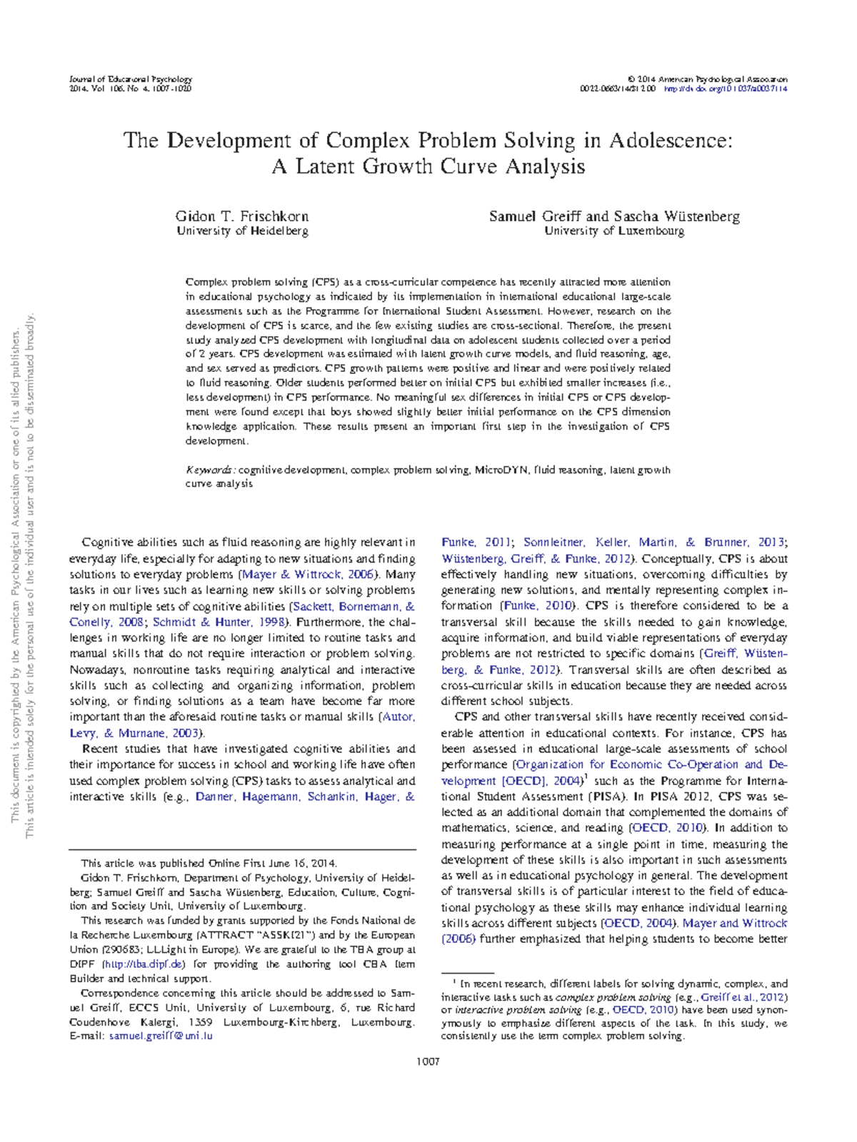 The Development of Complex Problem Solving in Adolescence: A ...