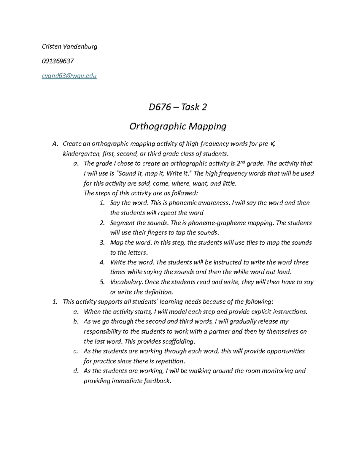 Task 2 D676 - Orthographic Mapping Activity in Kindergarten - Studocu