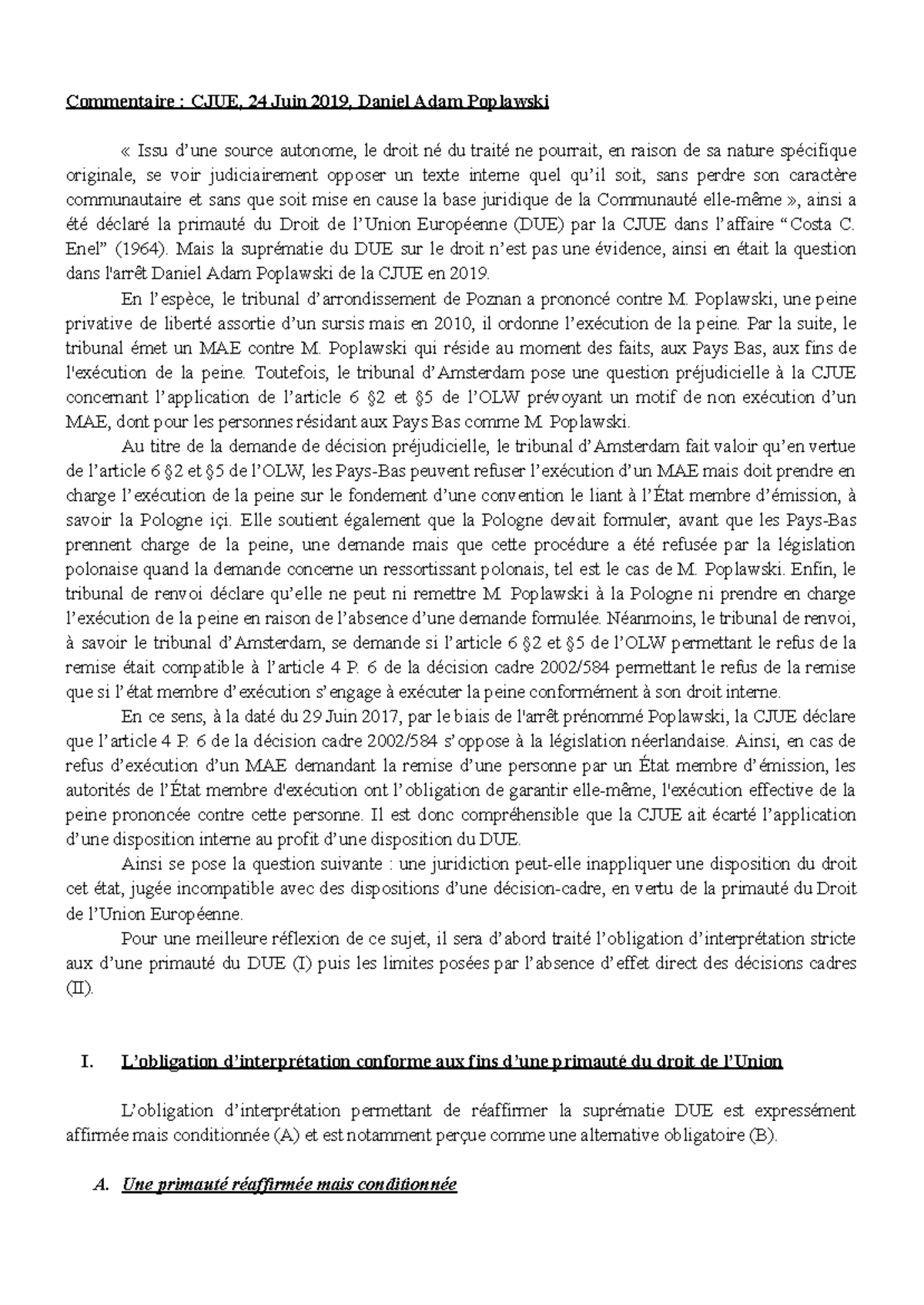 Commentaire : CJUE, 24 Juin 2019, Daniel Adam Poplawski - Primauté du ...