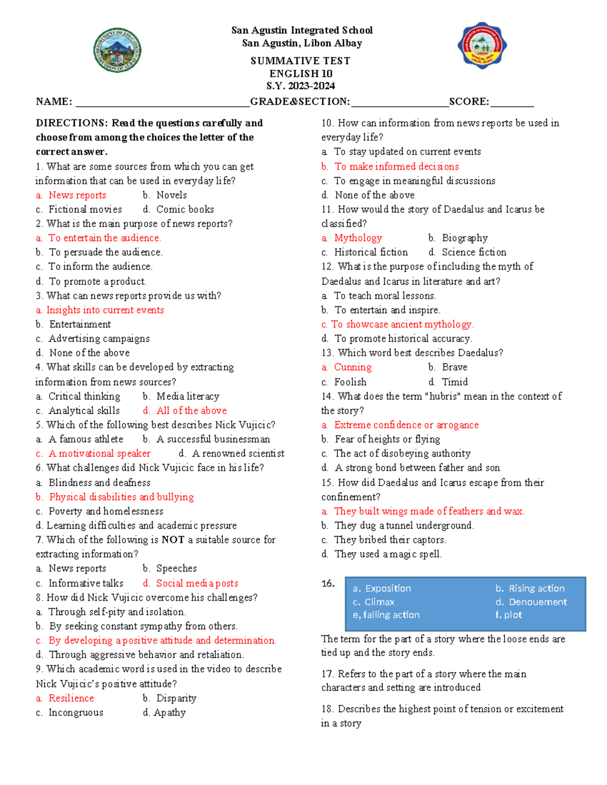 English 10 Summative Test with Answer Key - S. 2023-2024 - Studocu
