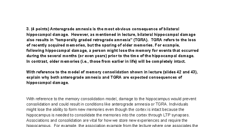 Assignment 8 - Anterograde Amnesia & TGRA in Memory Consolidation - Studocu